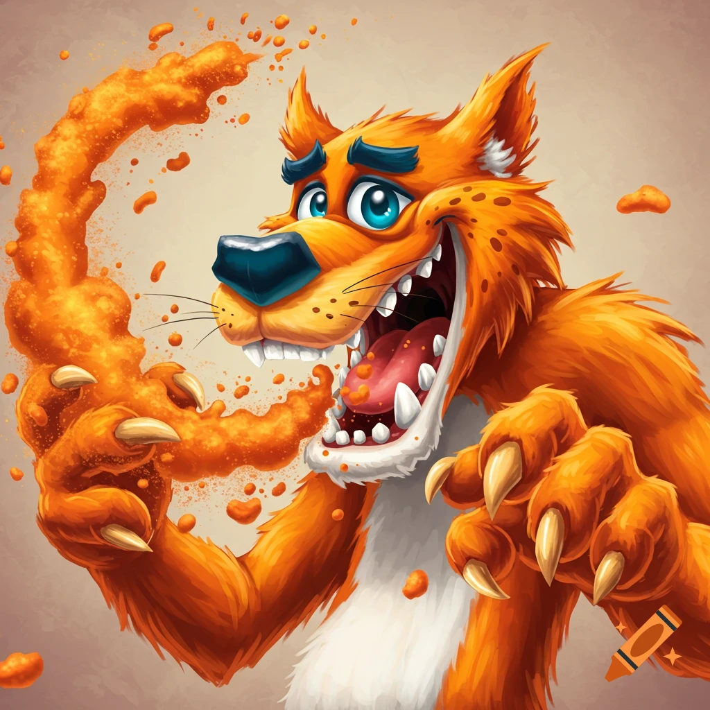 Cartoon cheetah character enthusiastically eating a giant cheeto. on ...