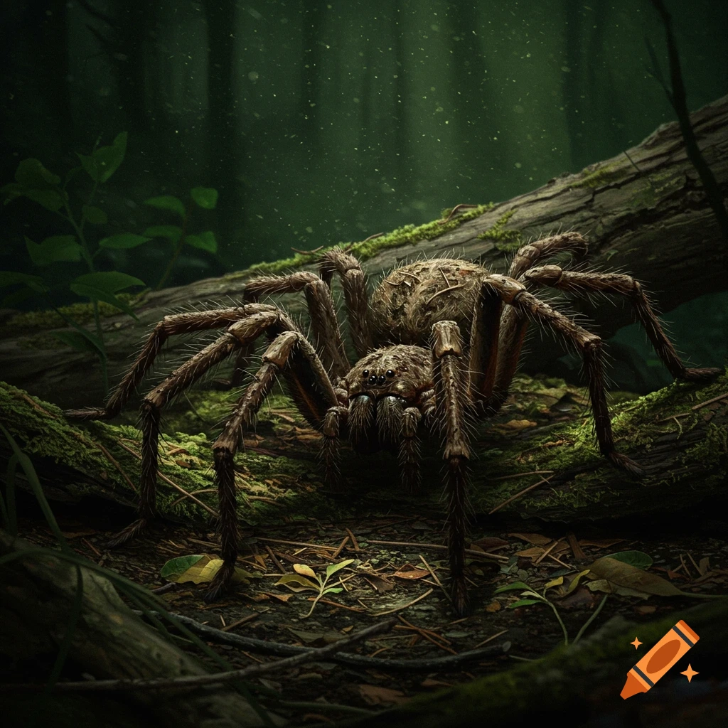 Close-up of a large, hairy spider covered in dirt and sticks, in a ...