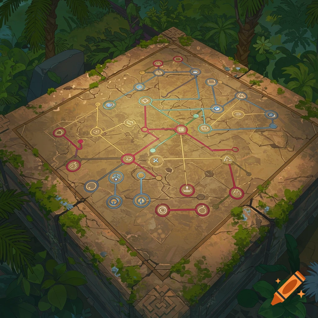 A detailed illustration of a large stone puzzle grid with colored lines ...