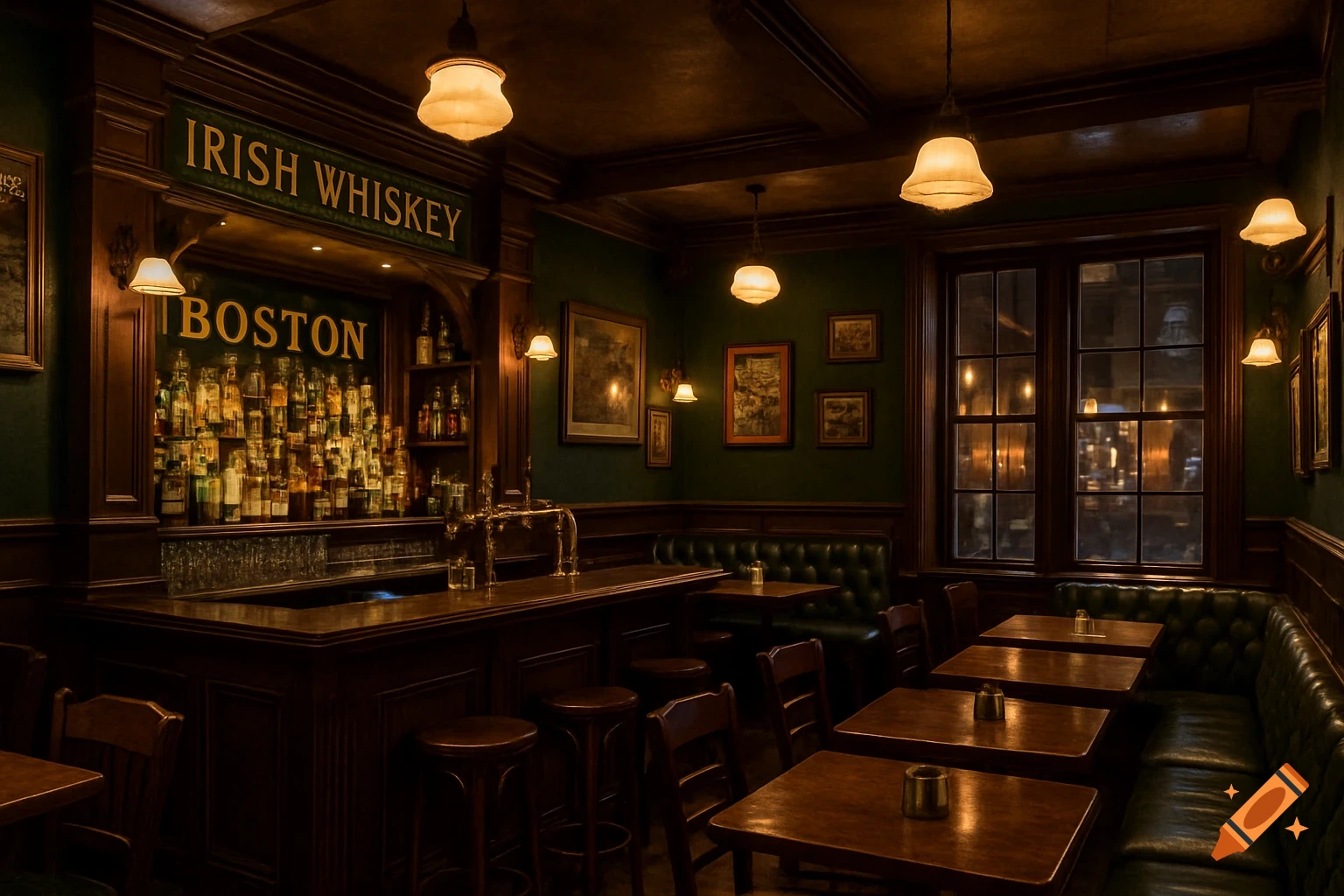 A photorealistic image of the inside of a cozy Irish pub with a full ...