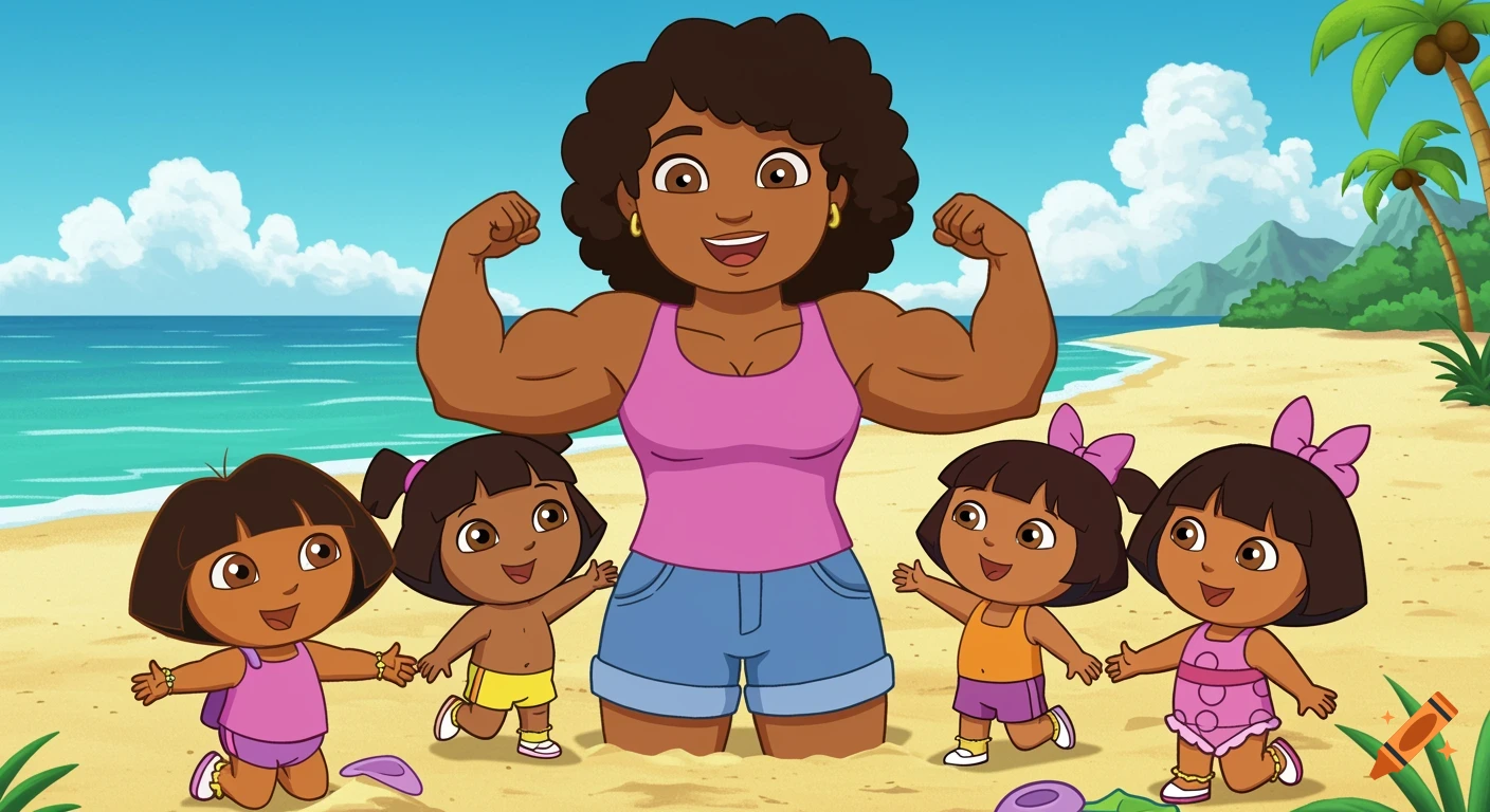 A cartoon image of Dora's Mami flexing on a beach with Dora and two ...