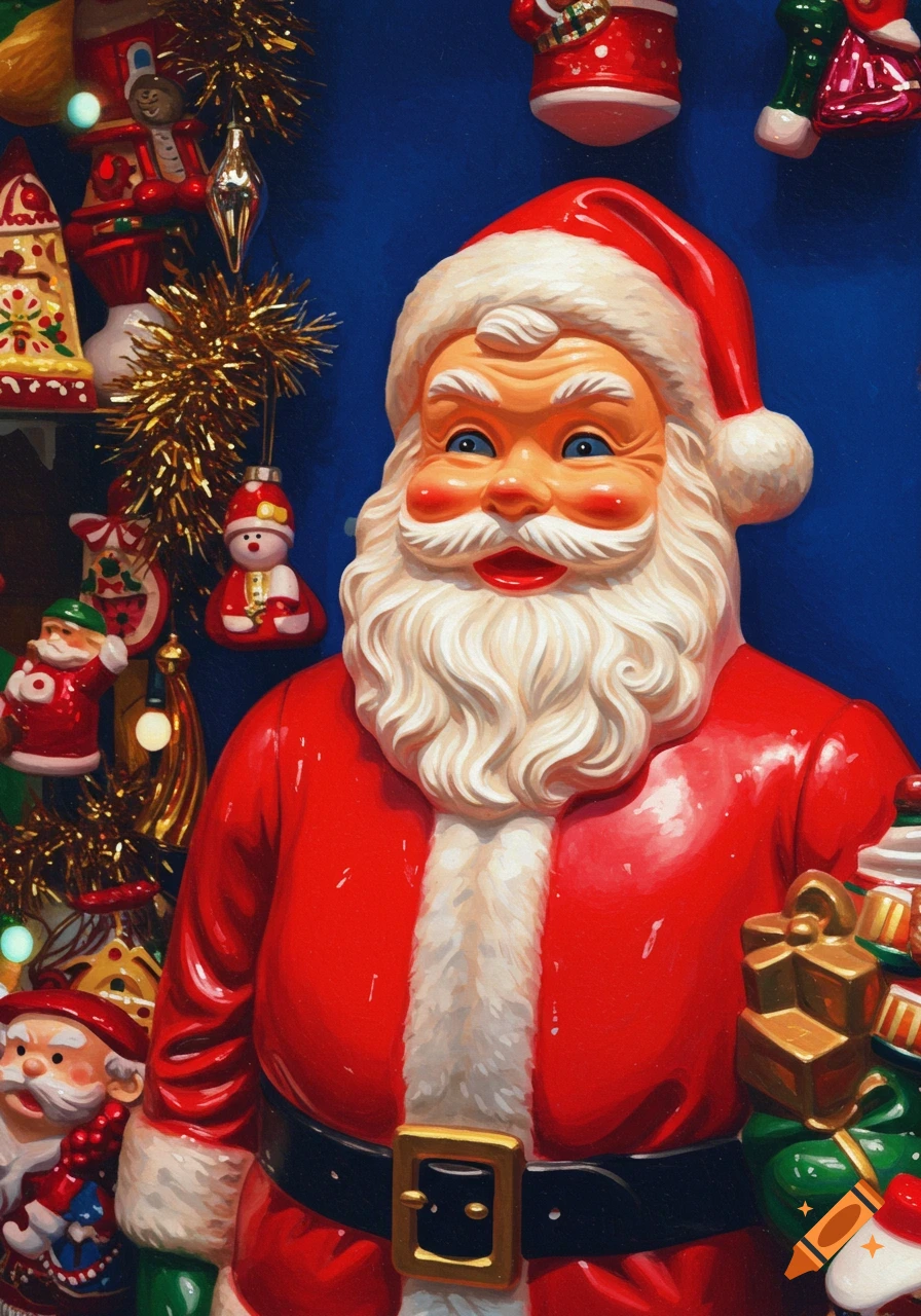 Close-up of a plastic Santa Claus figure surrounded by colorful ...