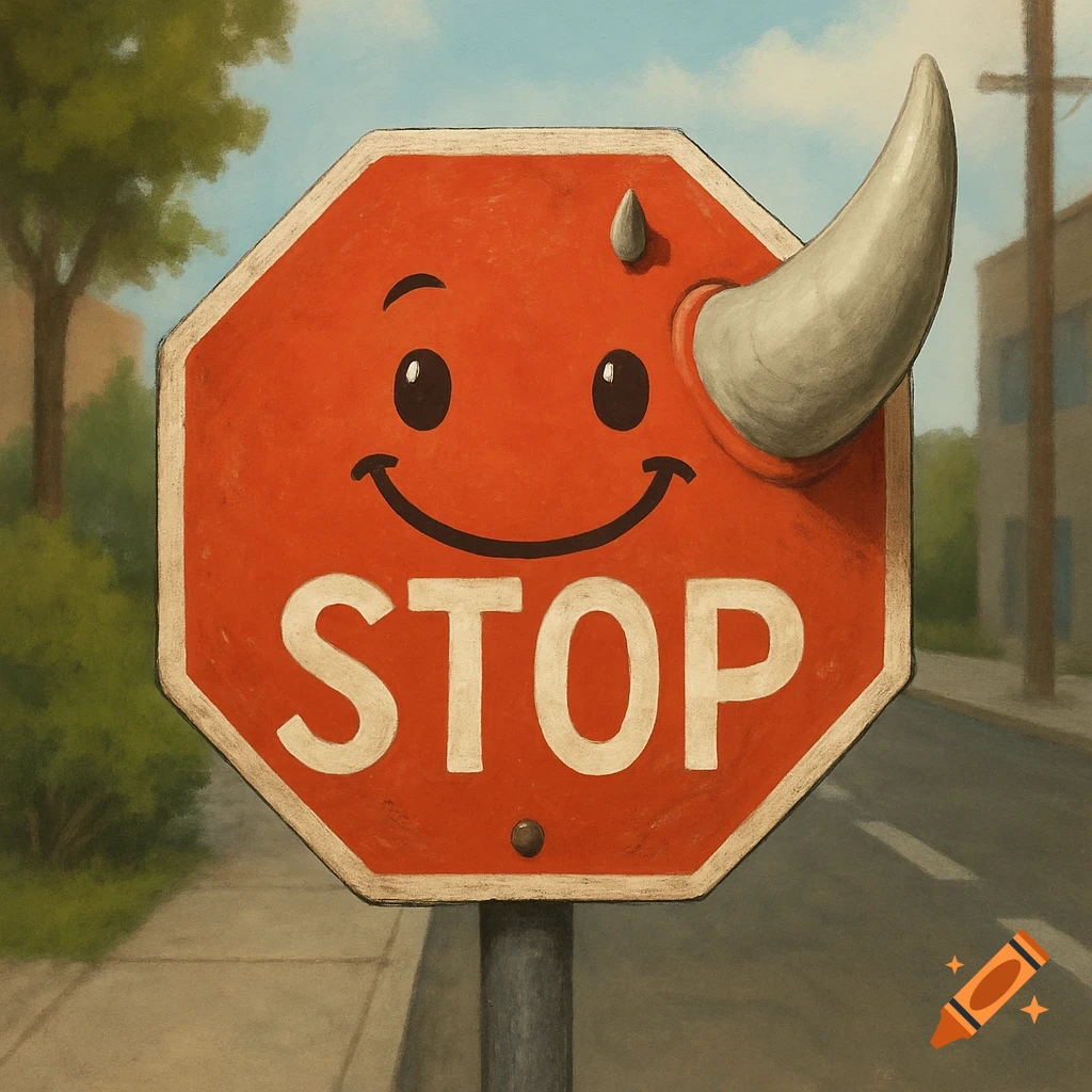 Cartoon stop sign with happy face and rhino horn on a street corner ...