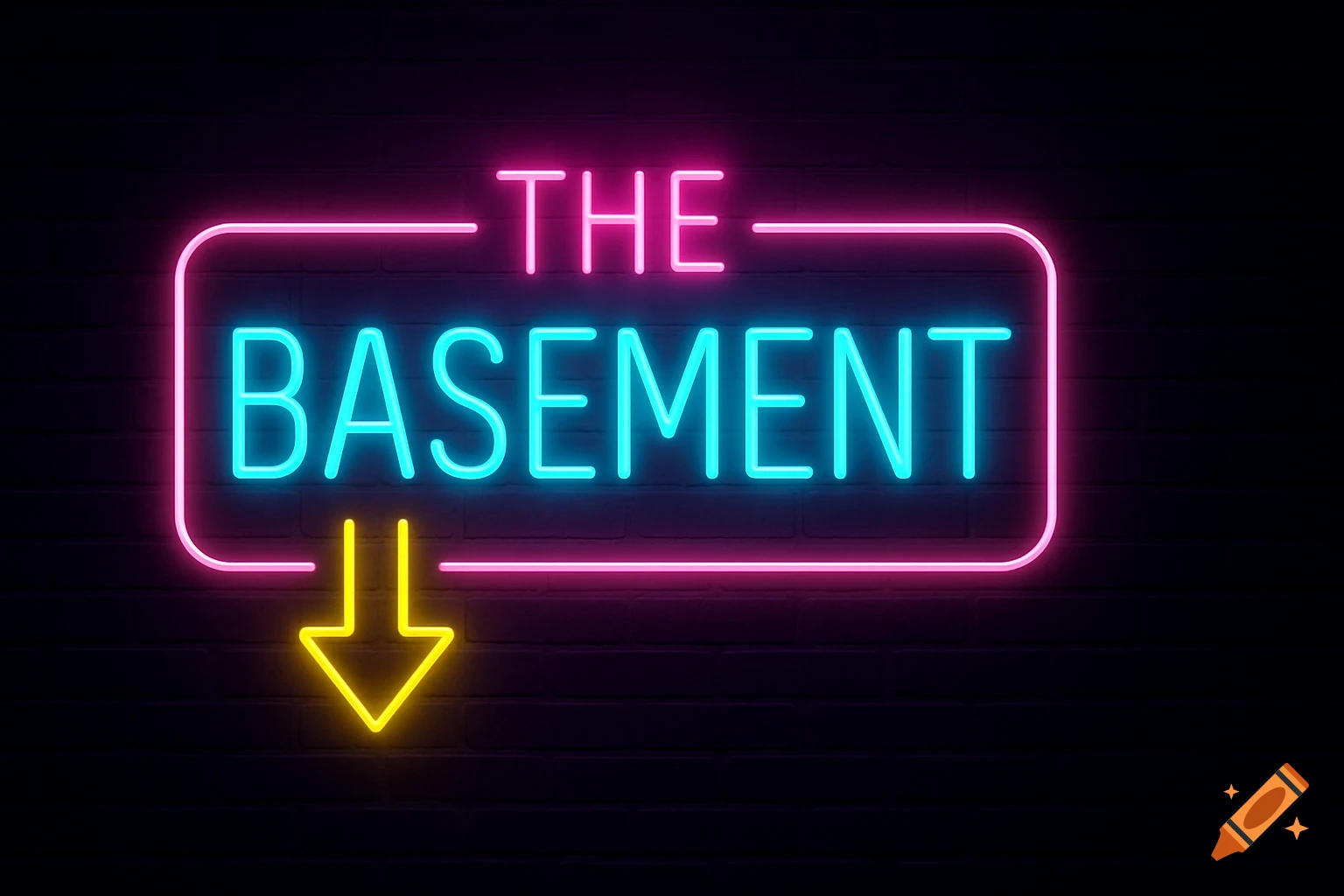 Neon sign on brick wall reads 'THE BASEMENT' with a yellow arrow ...
