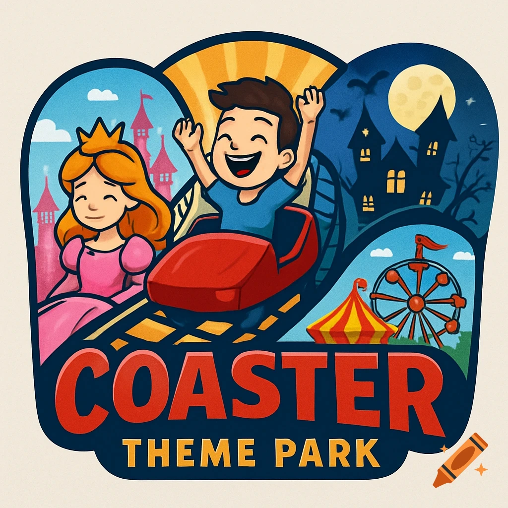 Cartoon logo for Coaster Theme Park featuring a rollercoaster, princess ...