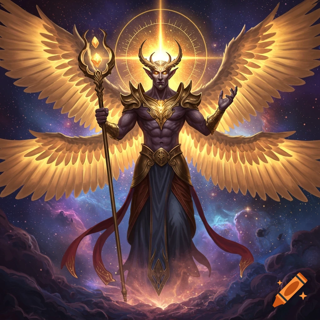 A powerful horned figure with golden wings and armor stands in a cosmic ...
