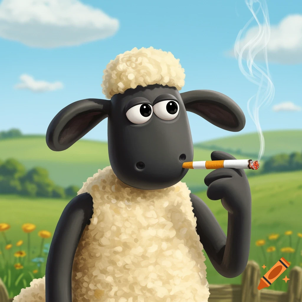 Cartoon sheep smoking a cigarette in a grassy field. on Craiyon
