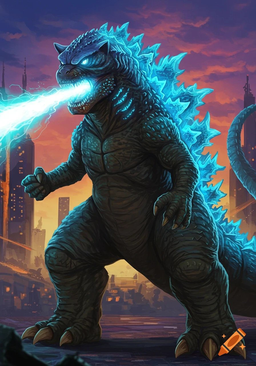 Illustration of Godzilla breathing blue energy in a destroyed city. on ...