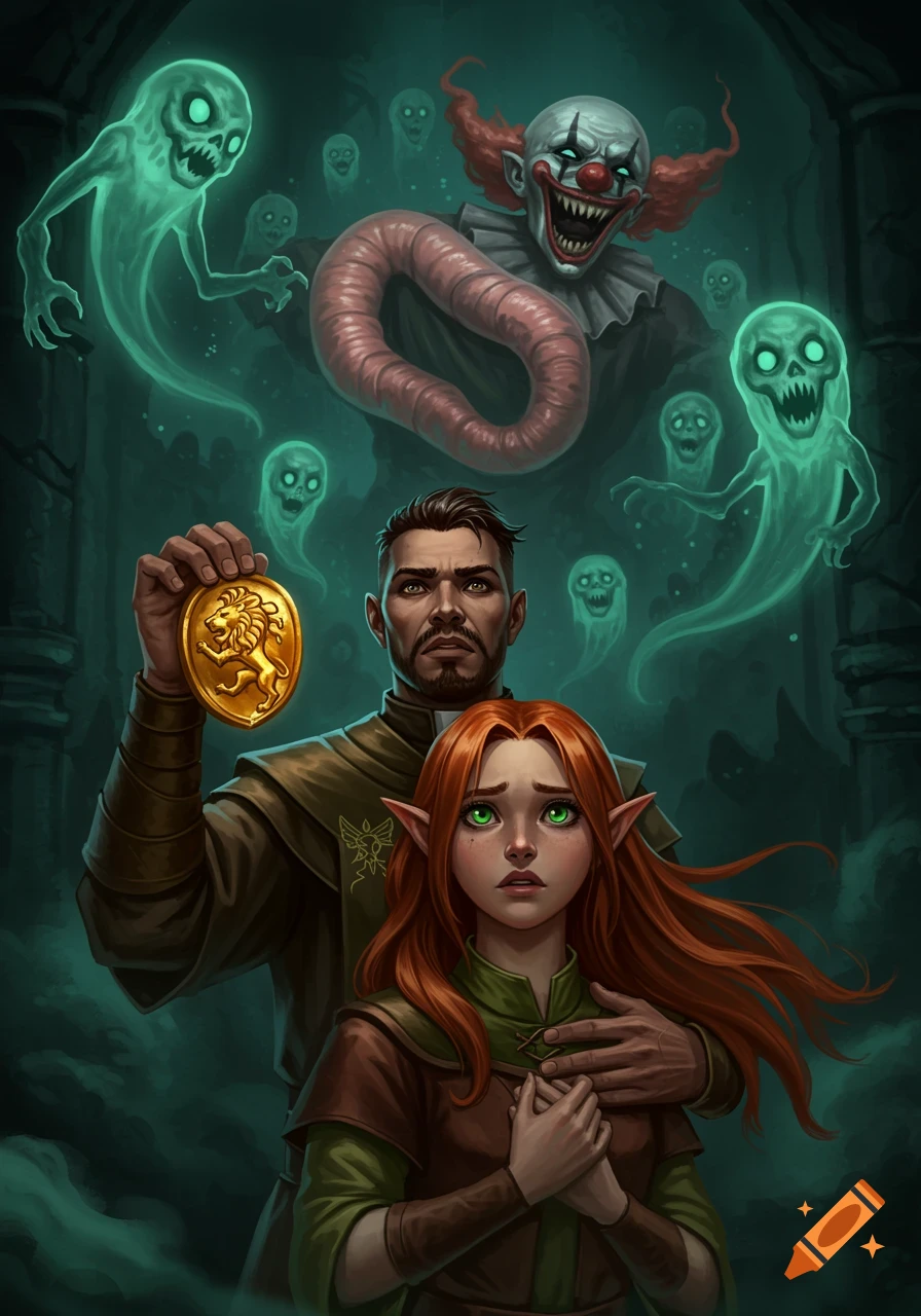 Man holding a gold coin protects an elf girl from a scary clown ...