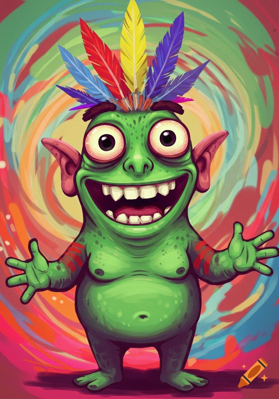 A cheerful, green cartoon creature with feathers on its head stands ...