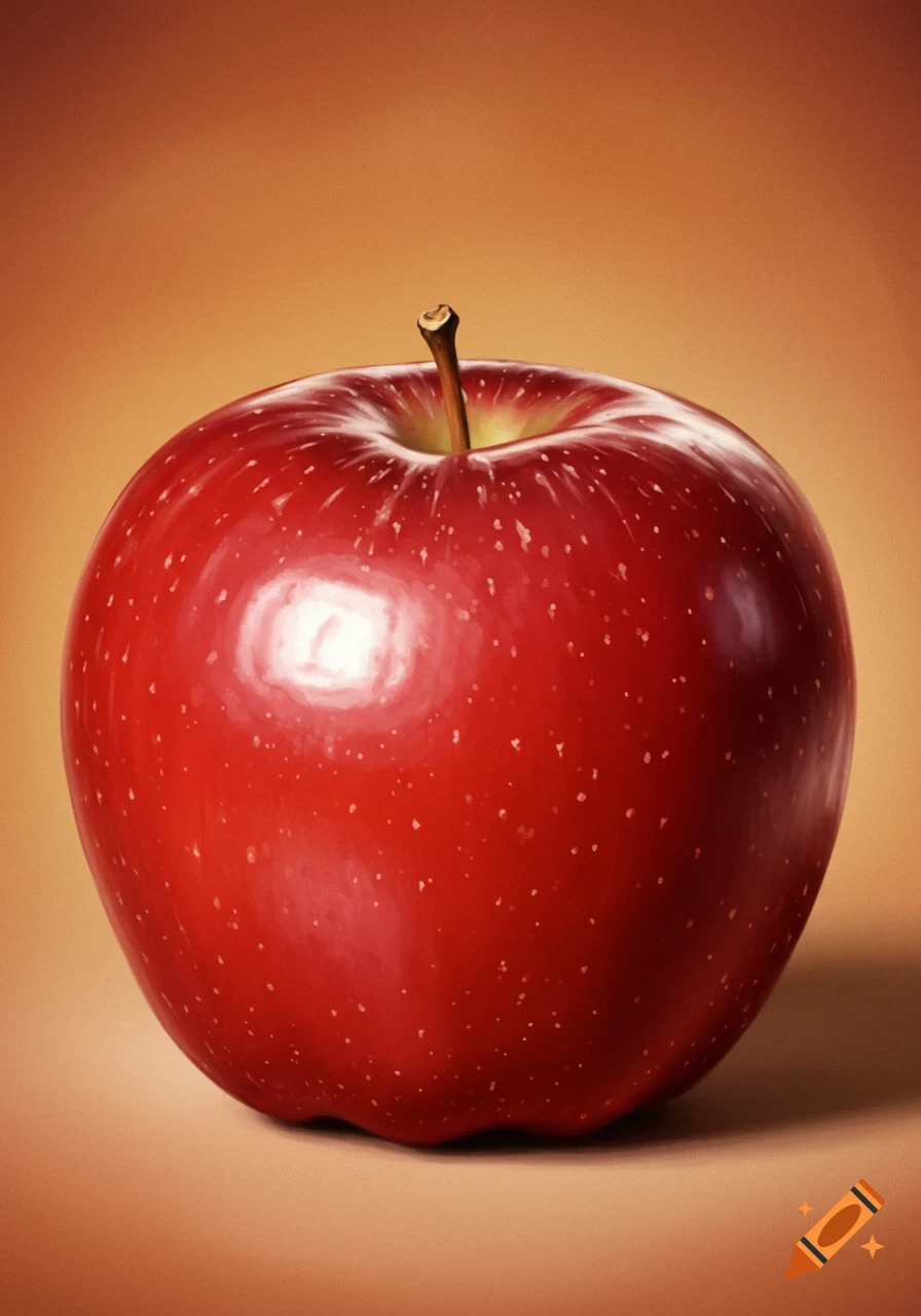 A single red apple with highlights and textures sits on a tan surface ...