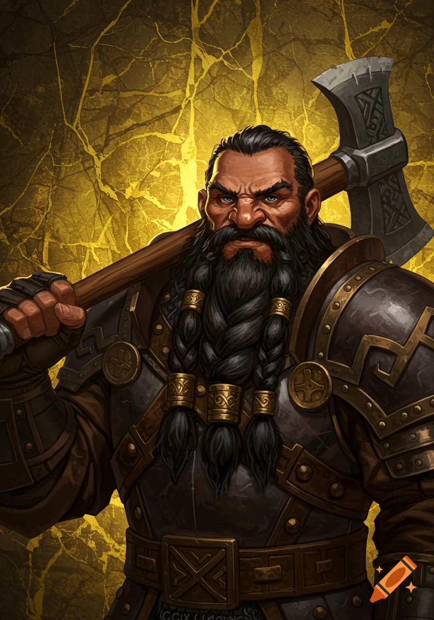 A fantasy illustration of a stern dwarf warrior holding an axe. on Craiyon