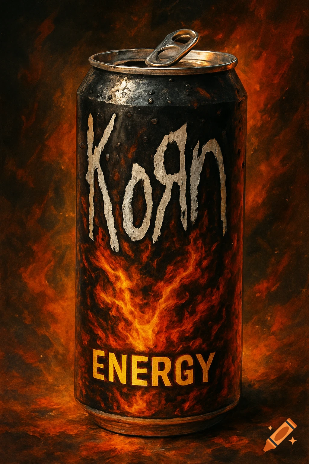 Close-up of a black energy drink can labeled 'Korn Energy' with fire ...