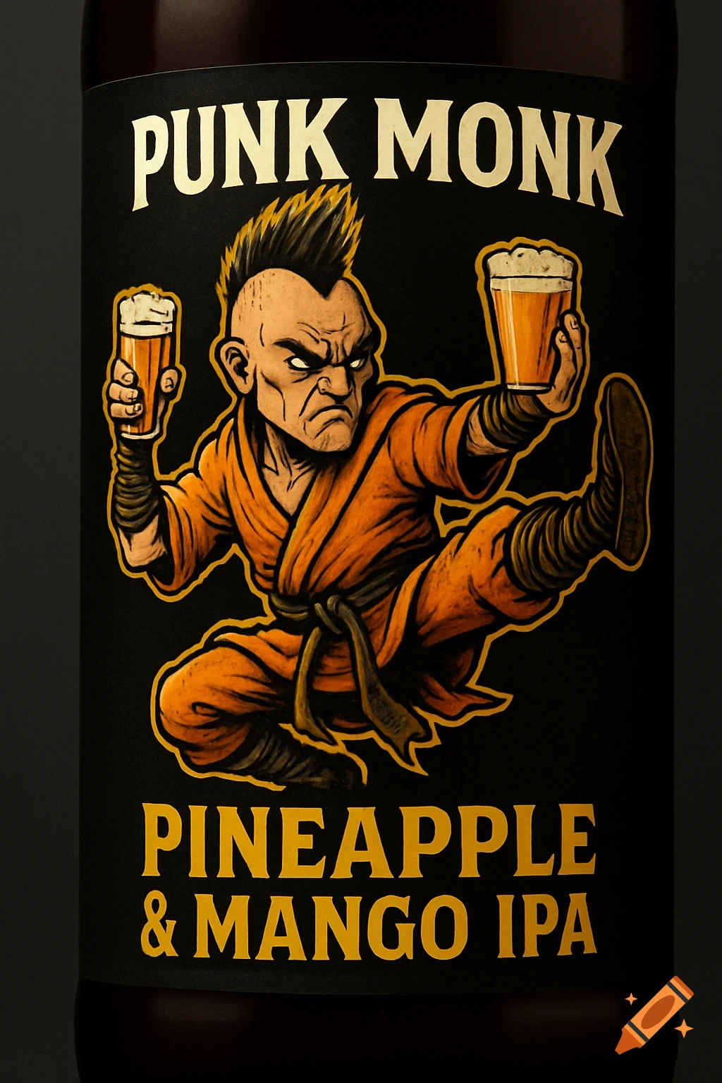 Cartoon punk monk holding beer glasses on a beer label, with text PUNK ...
