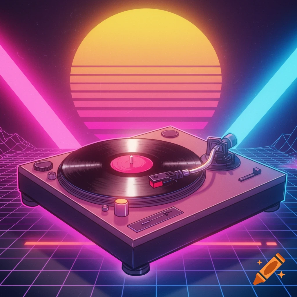 A retro synthwave graphic of a turntable with neon lines and a sunset background. on Craiyon