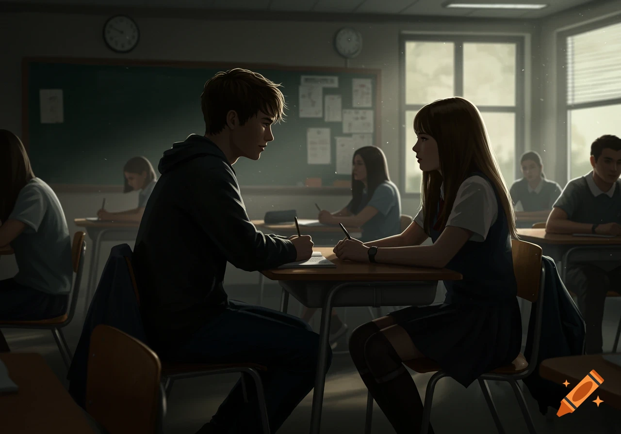 Two students look at each other across desks in a classroom with other ...