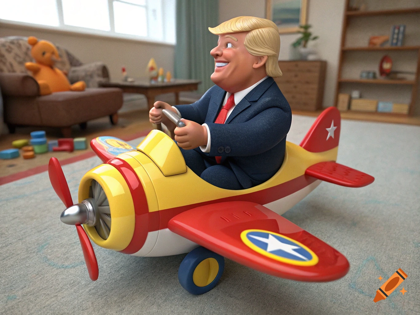 Cartoon Donald Trump in a toy airplane in a room on Craiyon