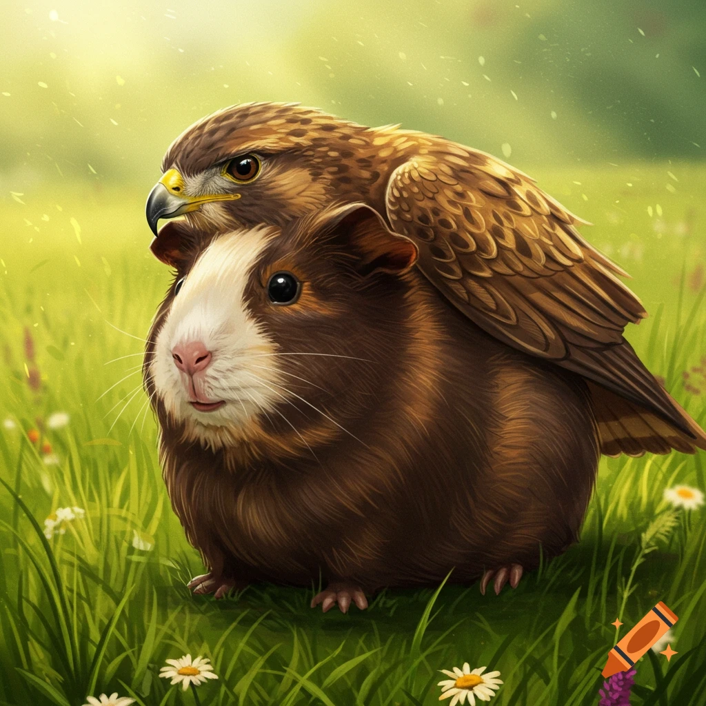 A guinea pig with a hawk riding on its back sits in a sunny grassy ...