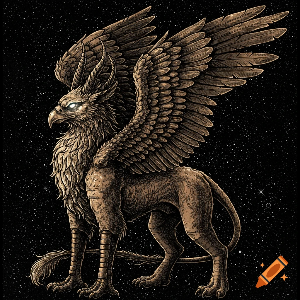 Drawing of a majestic griffin with large wings and glowing eyes against ...