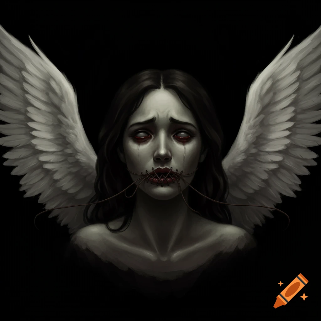 Dark fantasy portrait of a crying angel with wings and mouth sewn shut ...