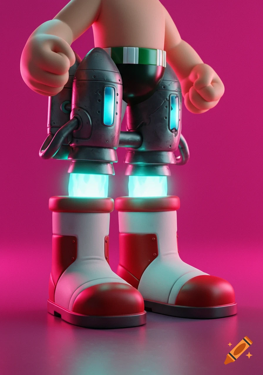 Close-up of a stylized character wearing red and white rocket boots ...