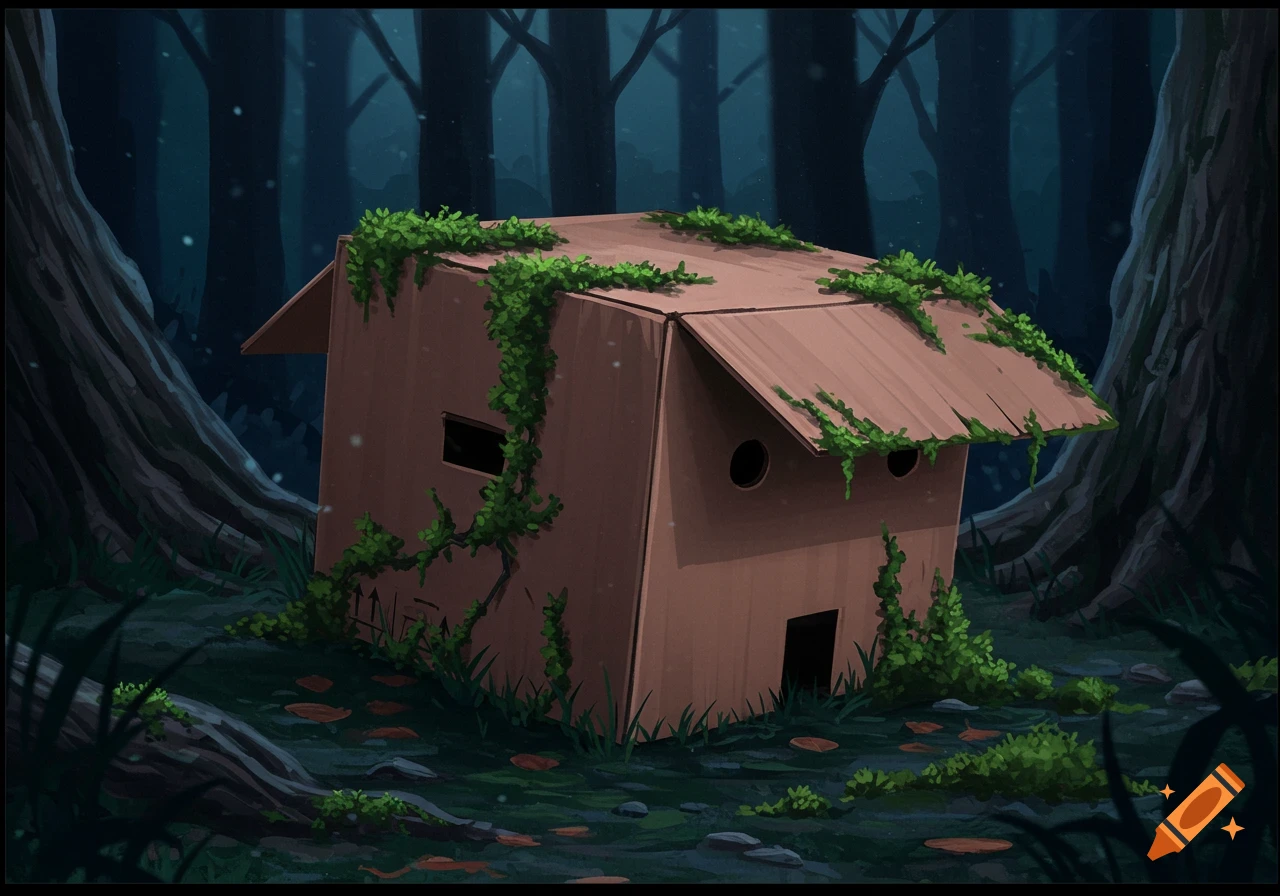Illustrative depiction of an old cardboard box overgrown with vines and ...