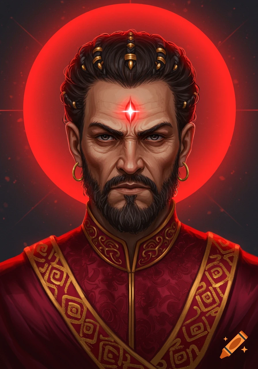 Stylized portrait of a man with a glowing third eye, red aura, and ...