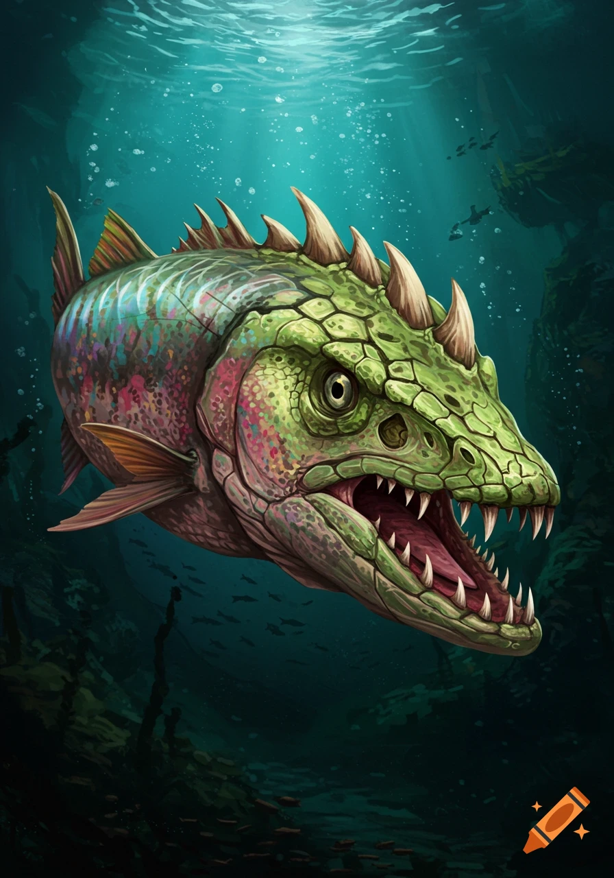 A scary-looking hybrid fish-reptile creature swims underwater. on Craiyon