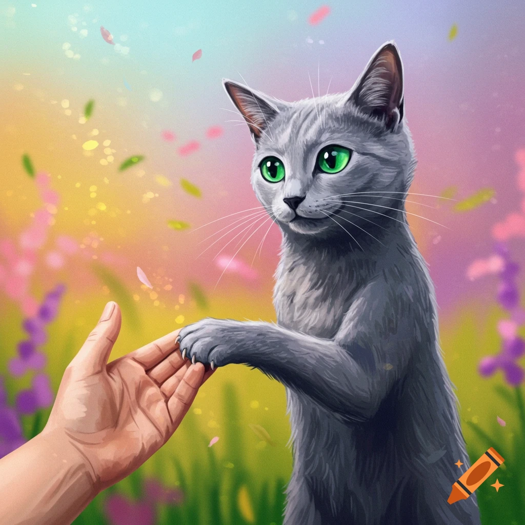 A grey cat stands and shakes a human hand in a field of flowers on Craiyon