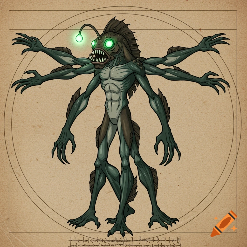 An anatomical diagram of a multi-limbed anglerfish creature in a ...