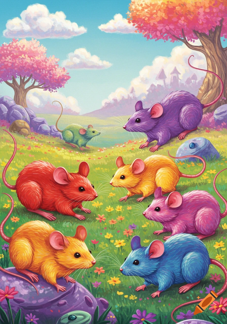 Colorful mice in a whimsical fantasy landscape illustration. on Craiyon
