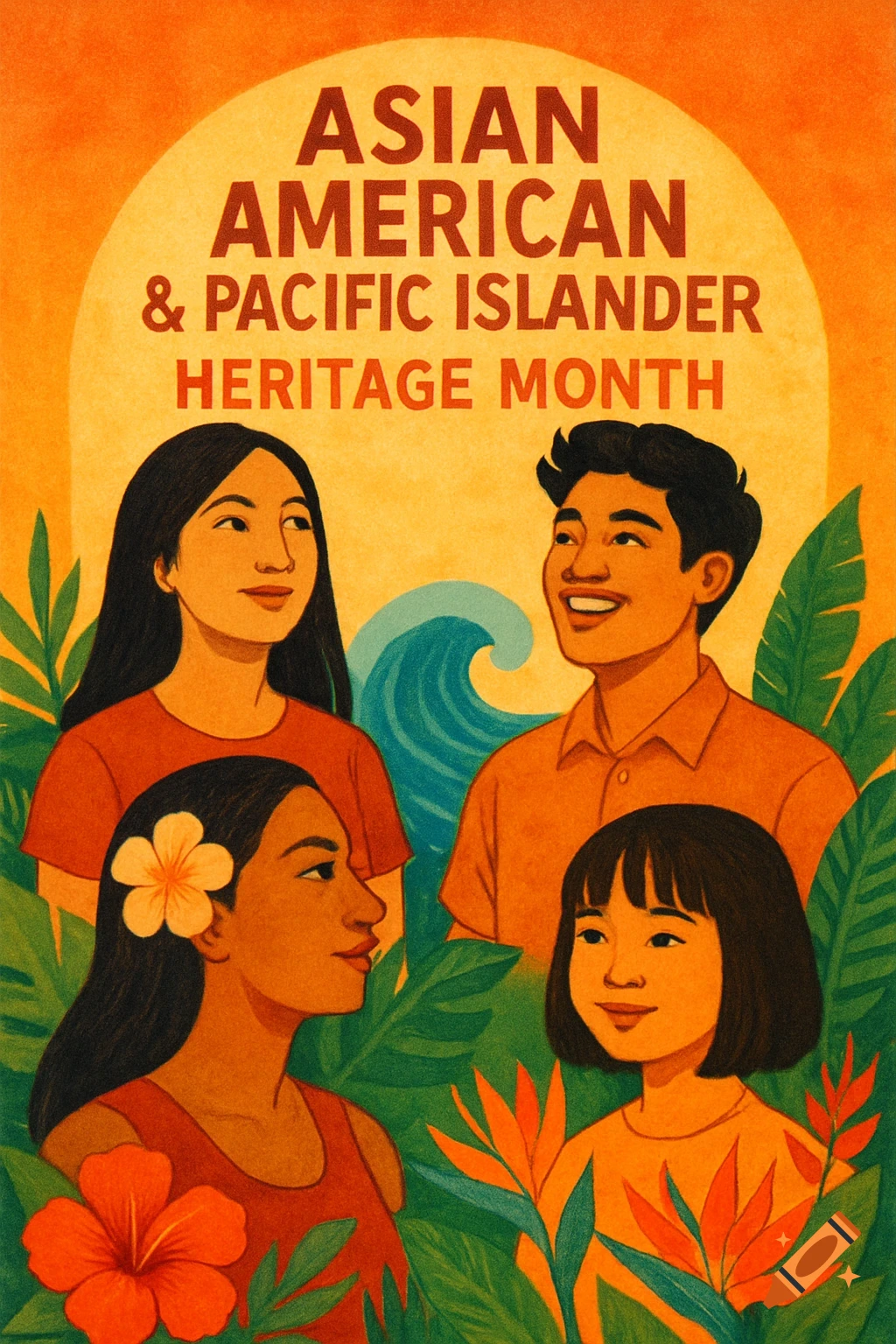 Illustration of people and tropical plants with text 'Asian American ...