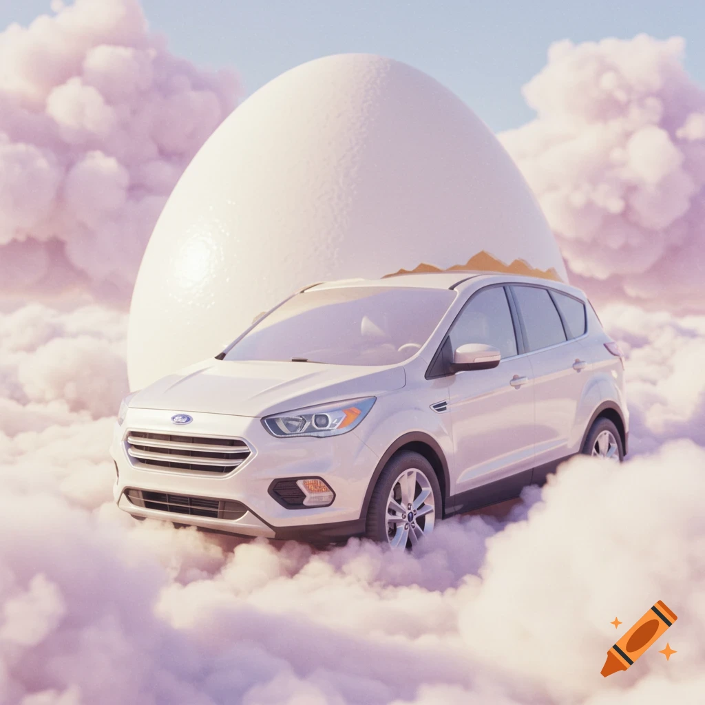A white Ford Escape car emerges from a large cracked egg surrounded by ...