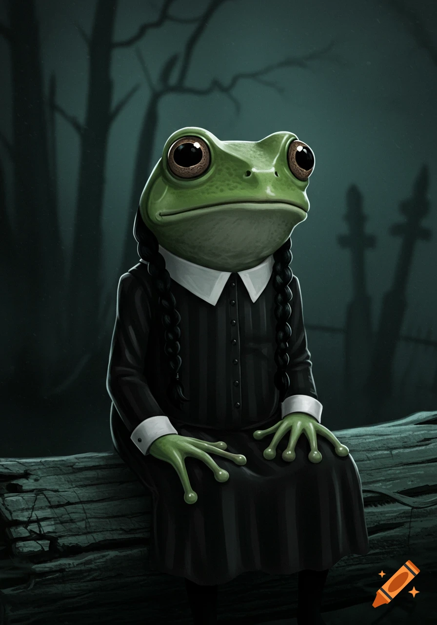 A green frog dressed as Wednesday Addams sits on a log in a spooky ...