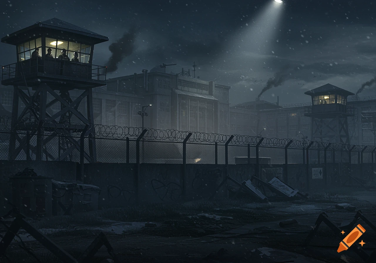 Gloomy view of a military base or prison at night with guard towers ...