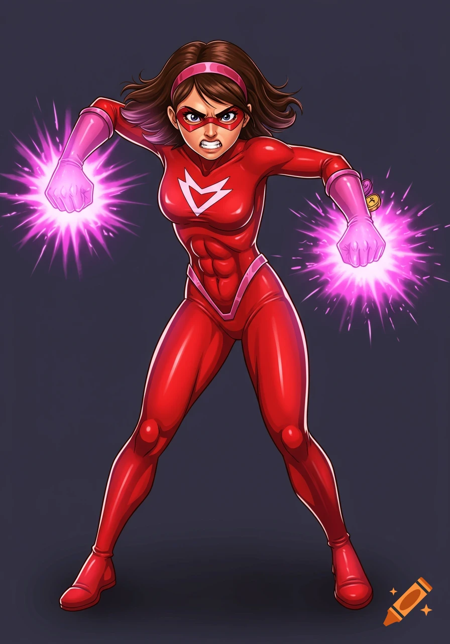 Illustration of a female superhero in red and pink suit with glowing ...