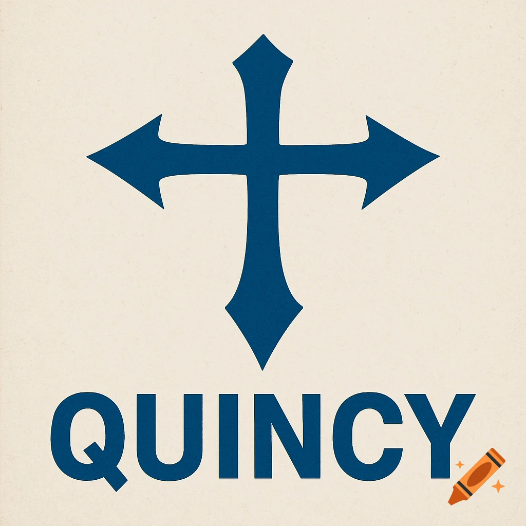 Blue arrow-like symbol and the word QUINCY on a light background. on ...