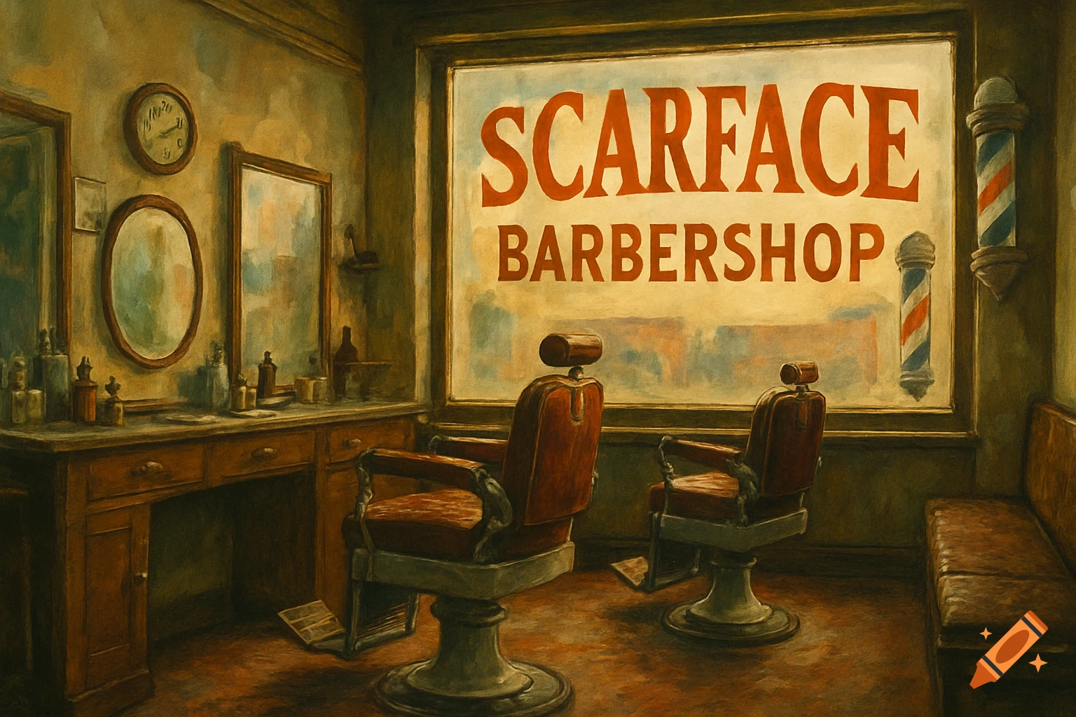Painterly image of a barbershop interior with a sign reading "Scarface ...