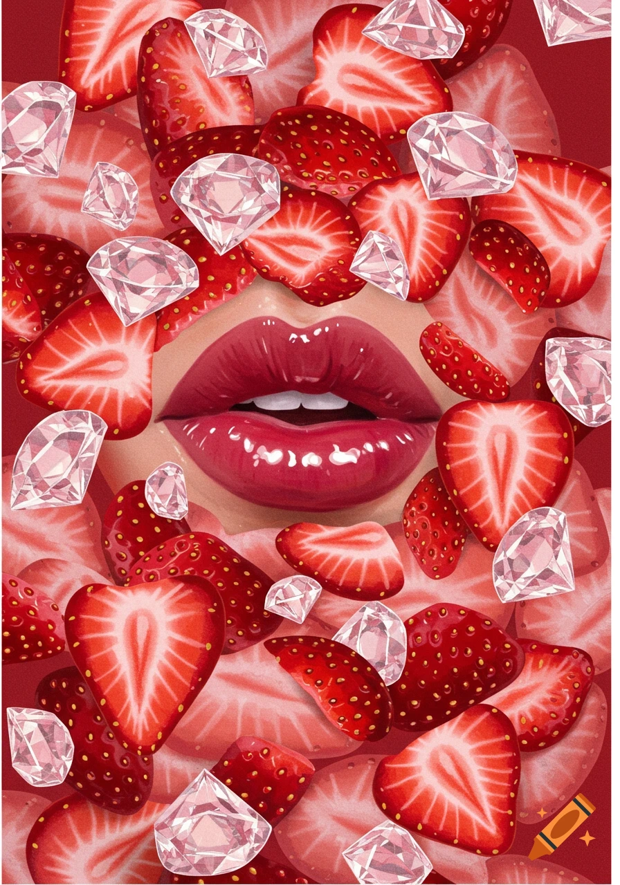 Illustration of glossy red lips surrounded by strawberries and diamonds ...