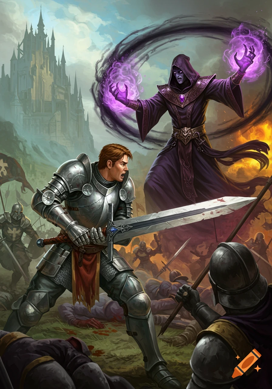 A knight battles an evil mage in a large fantasy battle with a castle ...