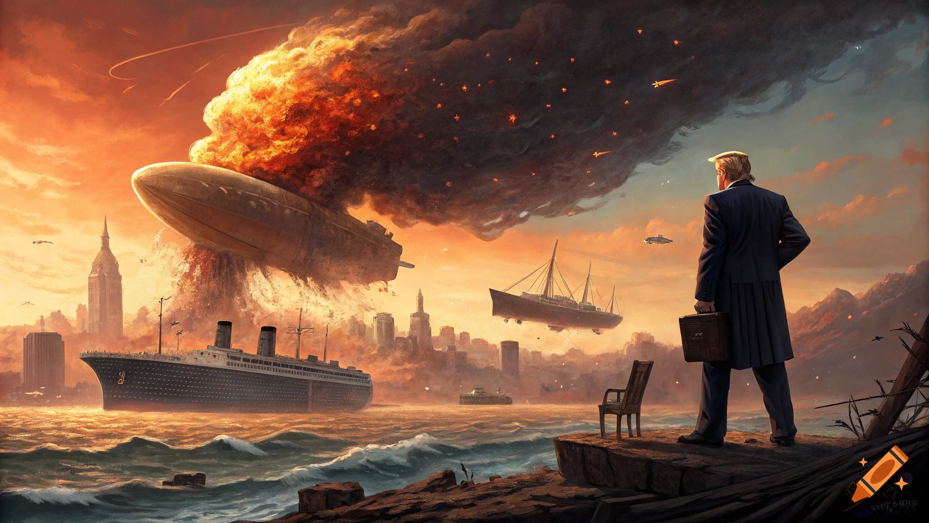 A man in a suit watches a disaster scene with a burning airship ...