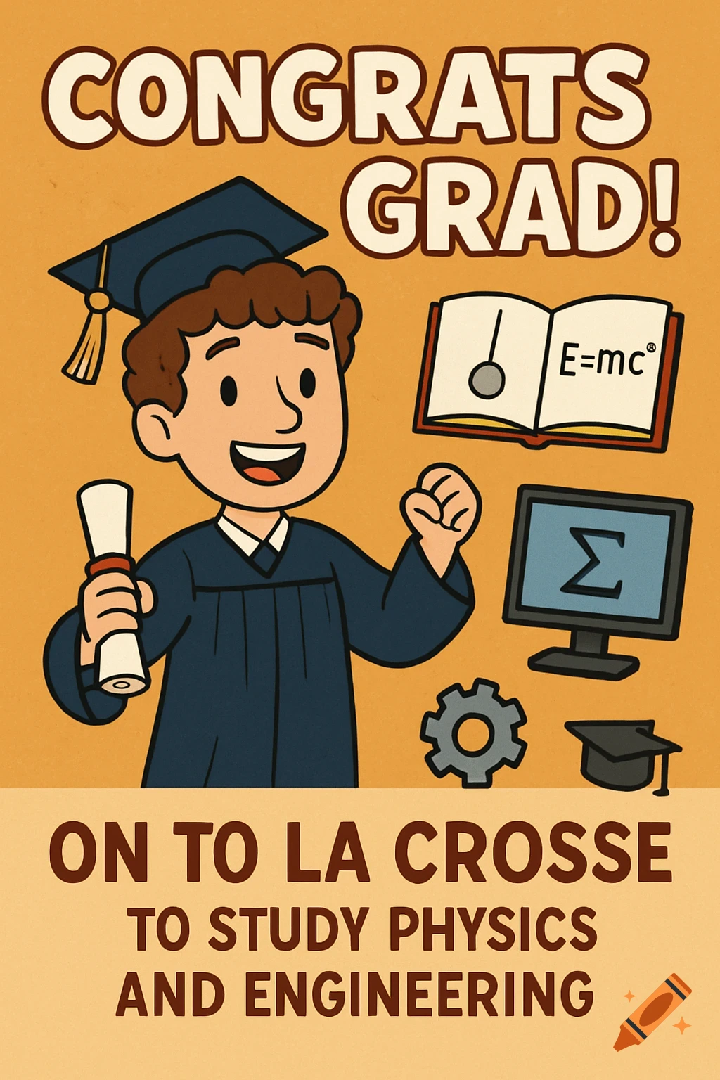 A cartoon illustration of a graduate with a diploma, book (E=mc^2 ...