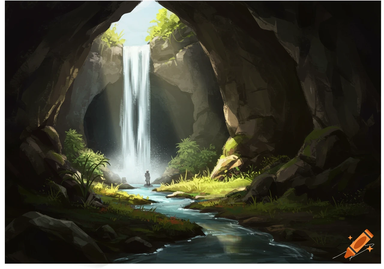 A digital painting of a cave with a waterfall and stream, sunlight ...