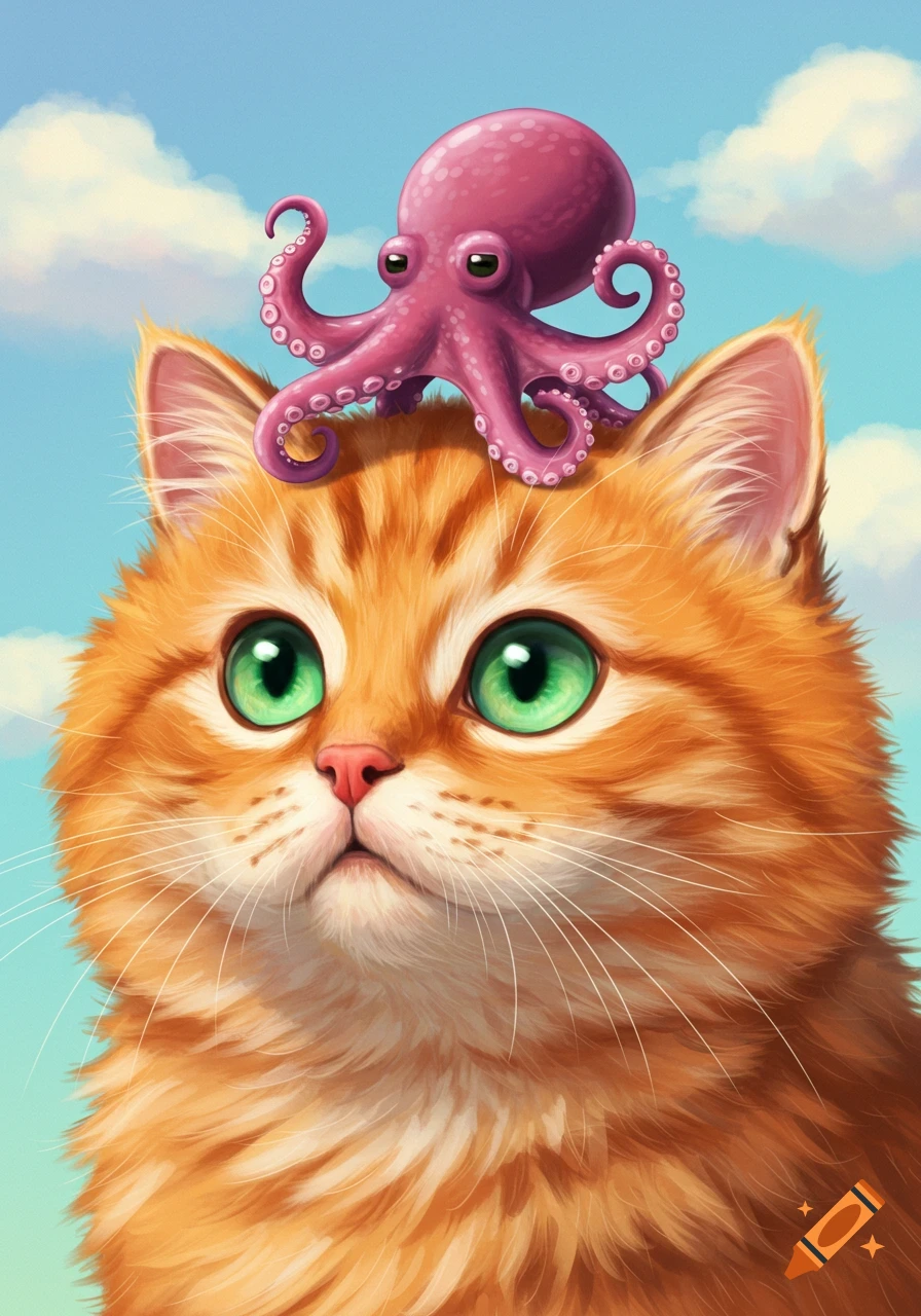 Cute orange cat with a pink octopus on its head, illustration style. on ...