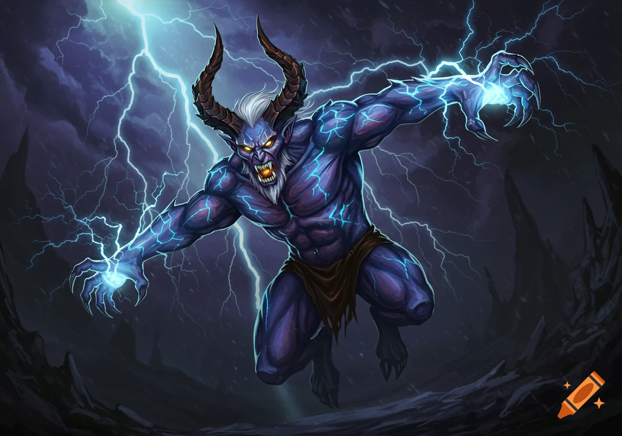 A horned blue demon generating lightning in a dark, stormy landscape ...
