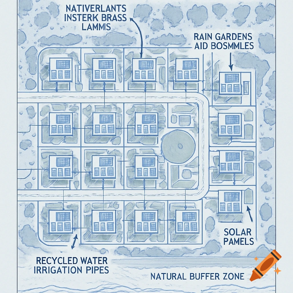 A top-down blueprint-style sketch of a neighborhood layout with houses ...