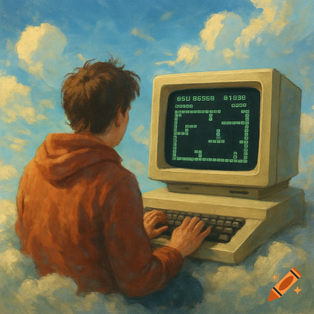 Painting of a person playing a vintage computer game floating in a ...