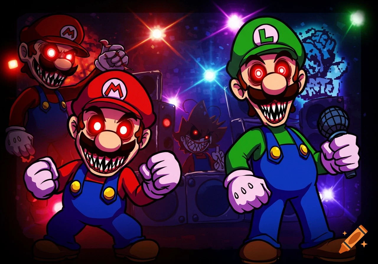 Evil Mario and Luigi with sharp teeth on a dark stage with lights, in a ...