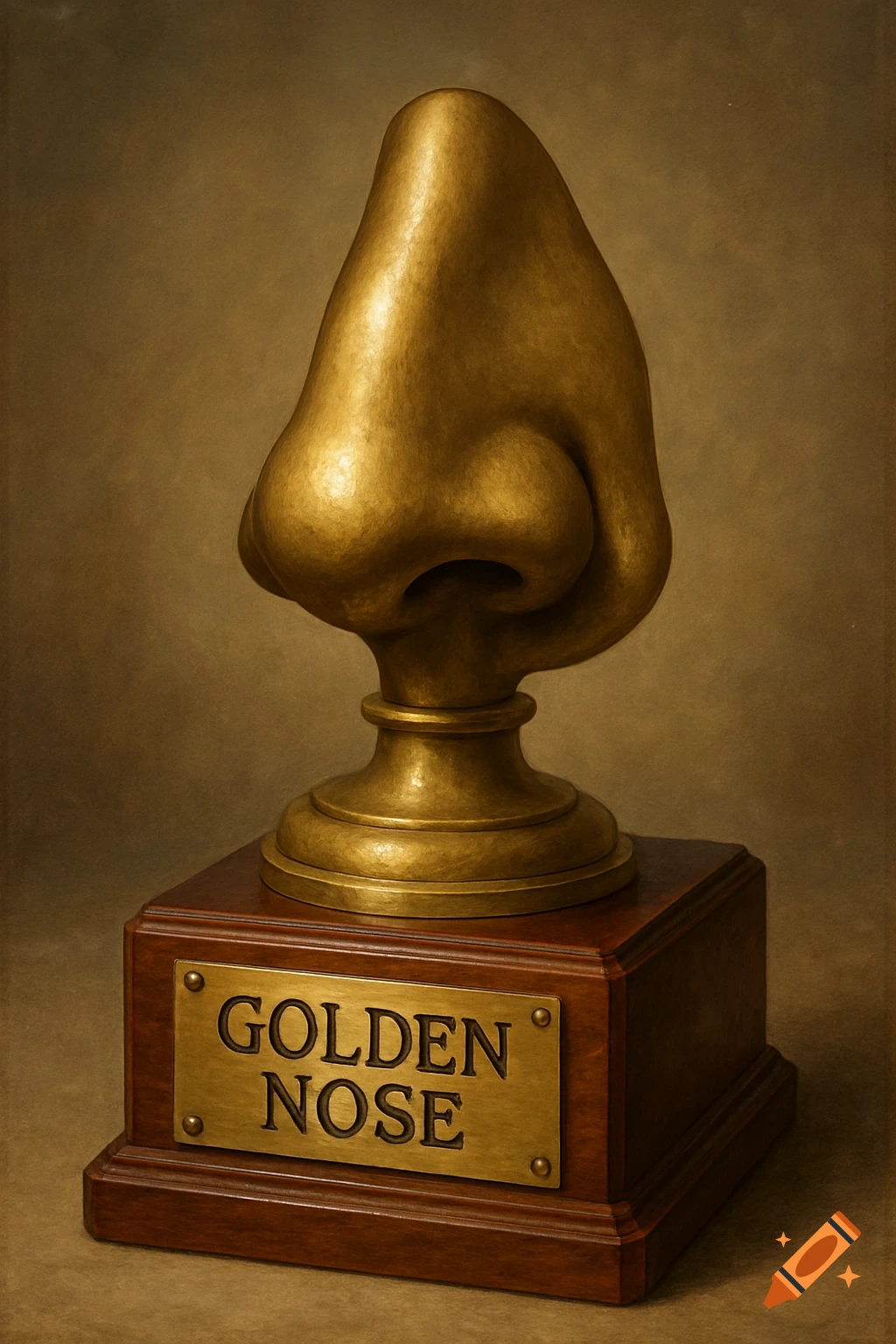 Golden nose trophy on a wooden base with a nameplate plaque. on Craiyon