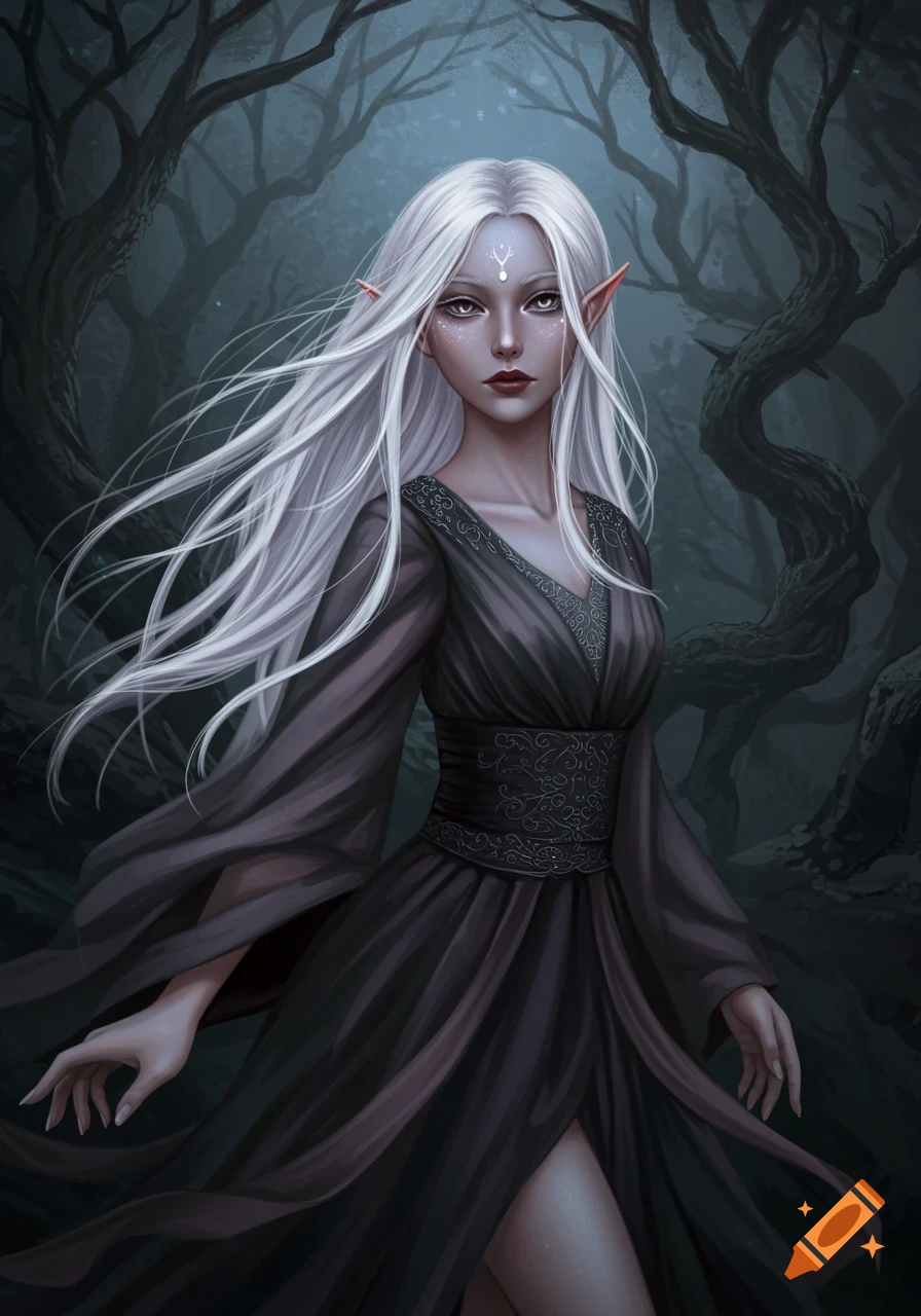 Digital painting of a female elf with long white hair in a dark forest ...